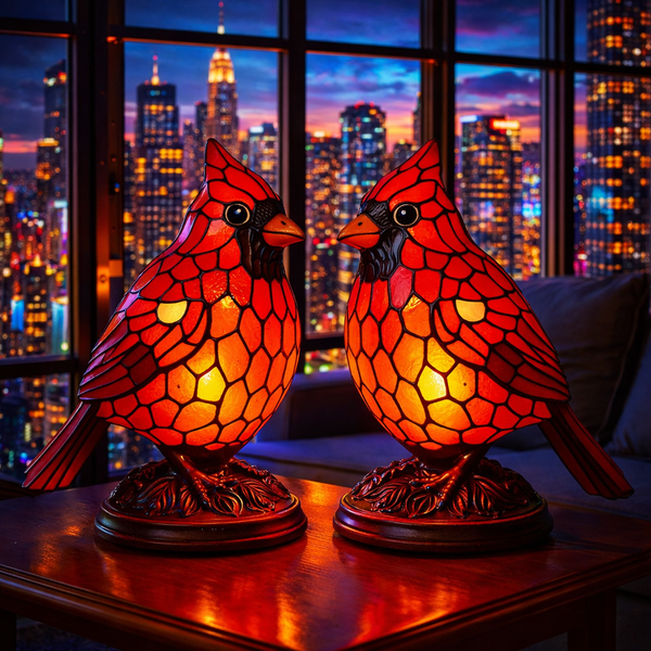 2 Piece Cardinal Stained Glass Table Lamp Night Light Love Bird Set ...