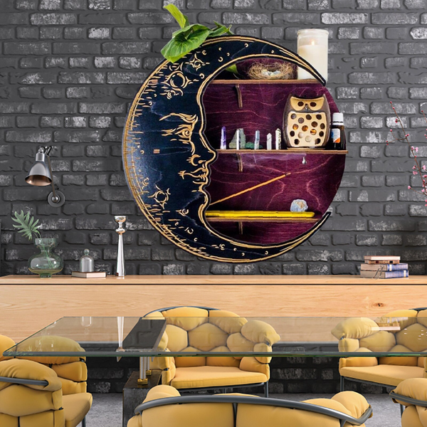 Crescent Moon Book Shelf Hanging Wall Storage Rack Wooden Wicca Pagan ...